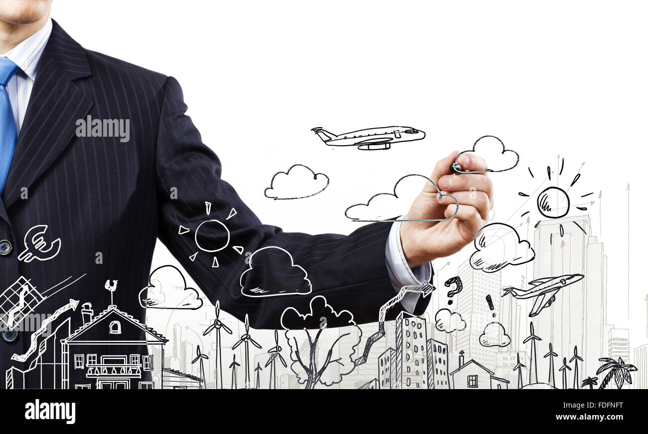 Close up of businessman hand drawing sketches Stock Photo - Alamy