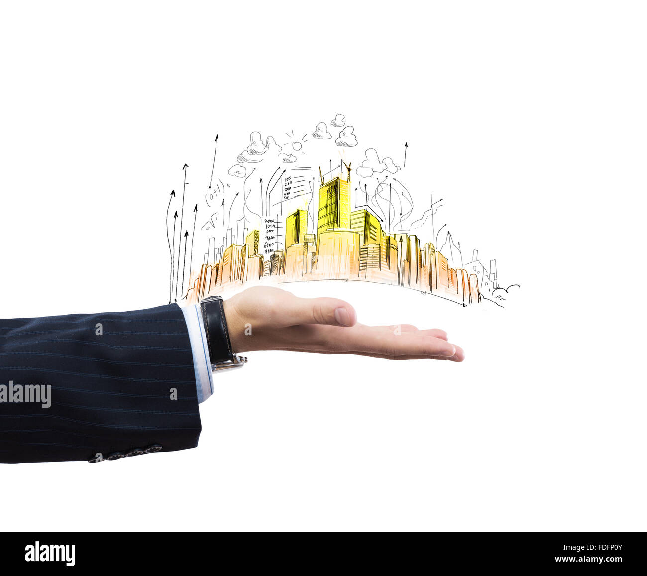 Close up of businessman hand holding sketches of buildings Stock Photo ...