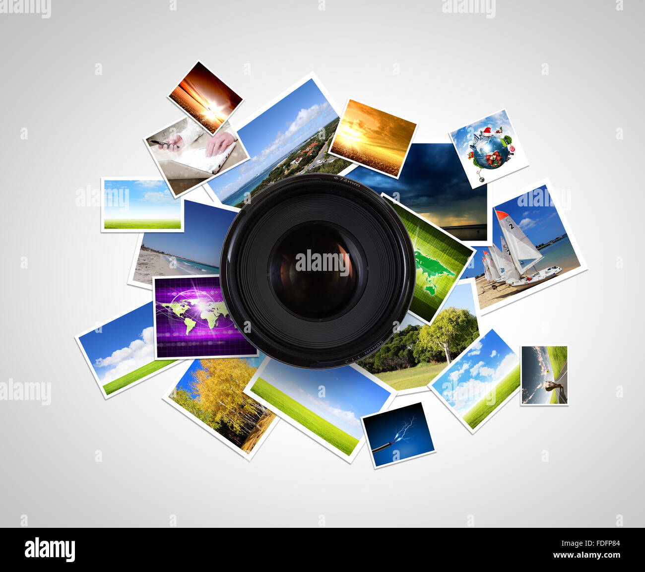 Camera lens against light background. Photography business Stock Photo ...