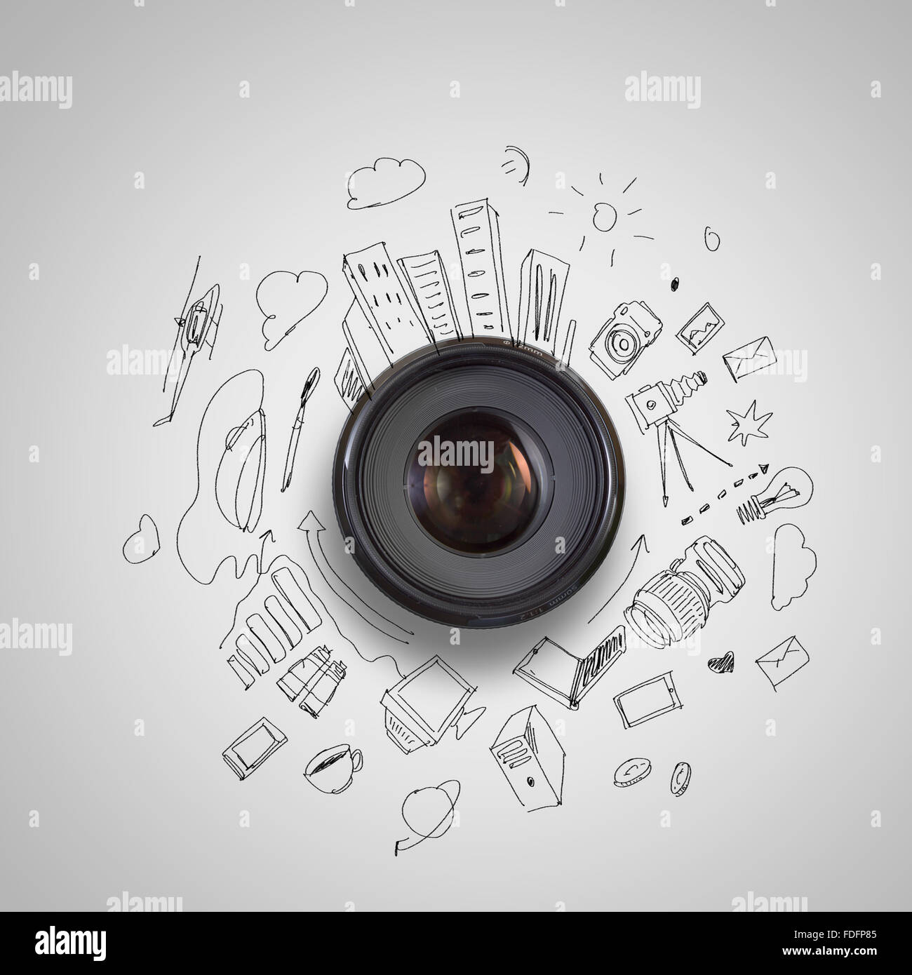 Camera lens against light background. Photography business Stock Photo ...