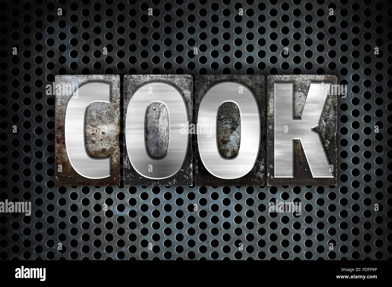 The word "Cook" written in vintage metal letterpress type on a black ...