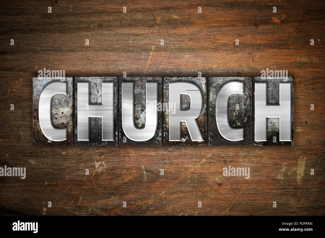 The word "Church" written in vintage metal letterpress type on an aged ...