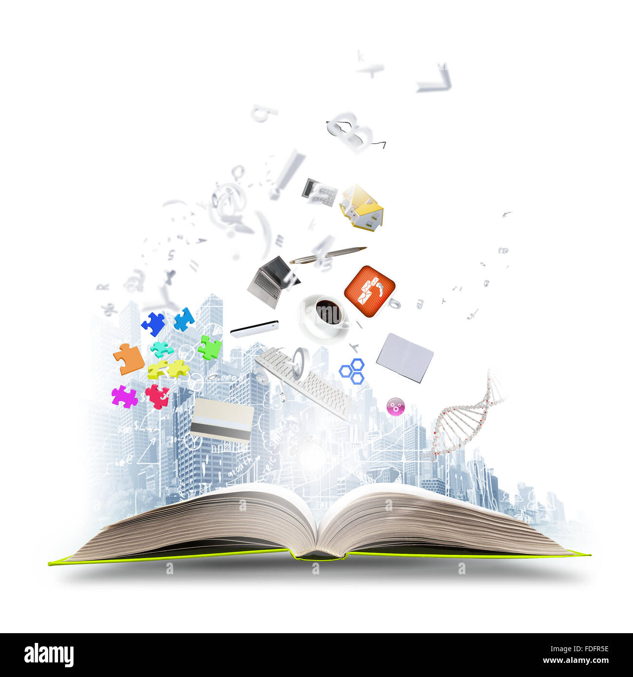 Opened book with business sketches and concept icons Stock Photo - Alamy
