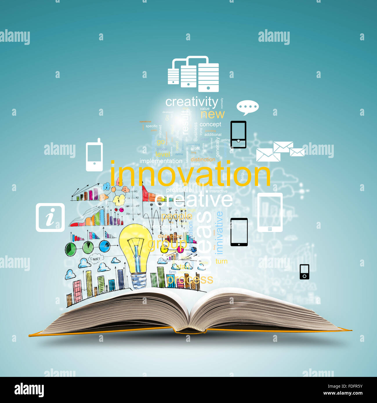 Opened book with business sketches and concept icons Stock Photo - Alamy