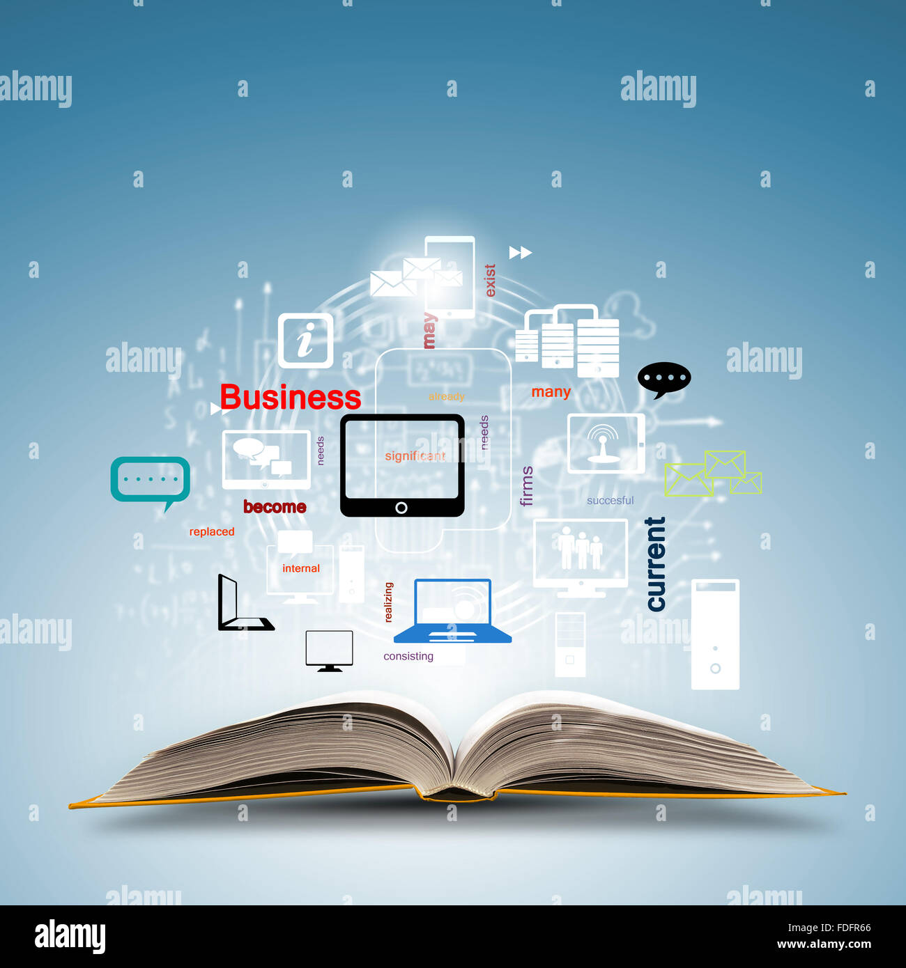 Opened book with business sketches and concept icons Stock Photo - Alamy