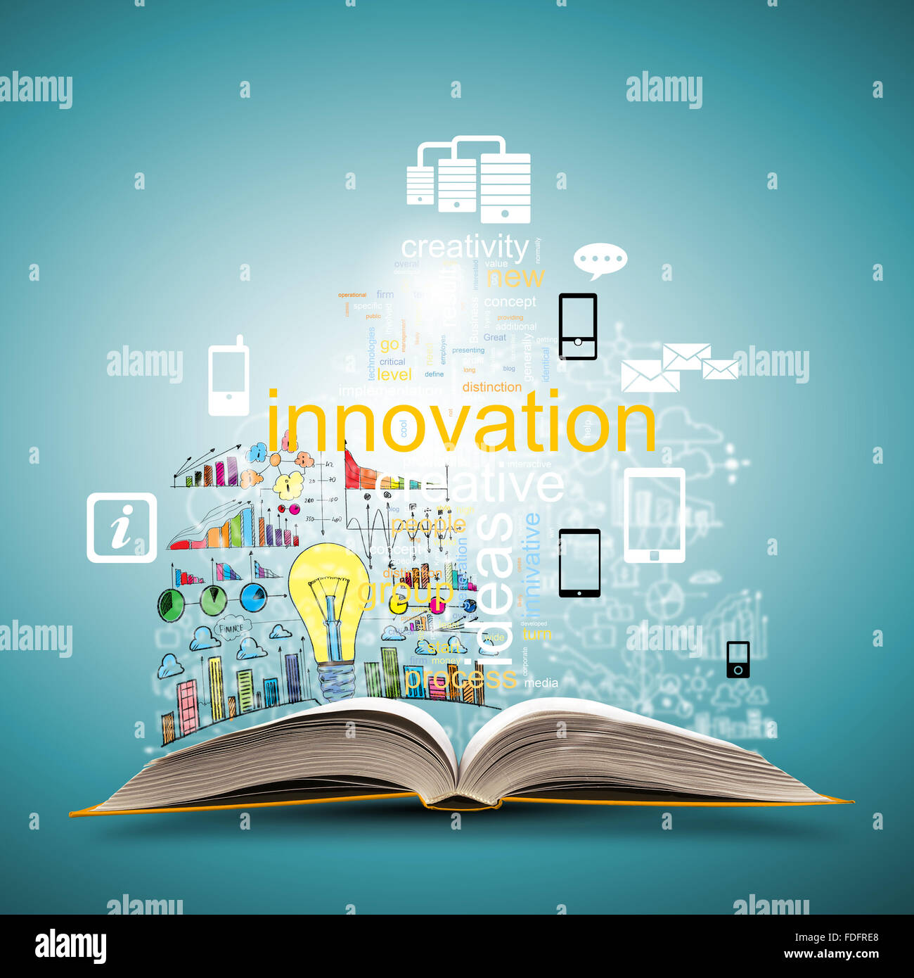 Opened book with business sketches and concept icons Stock Photo - Alamy