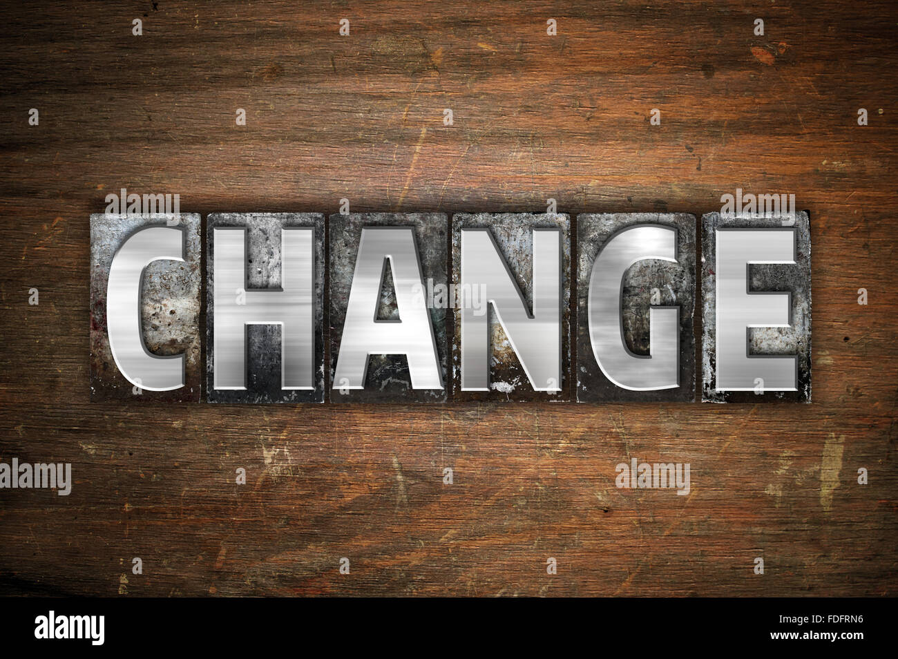 The word "Change" written in vintage metal letterpress type on an aged ...