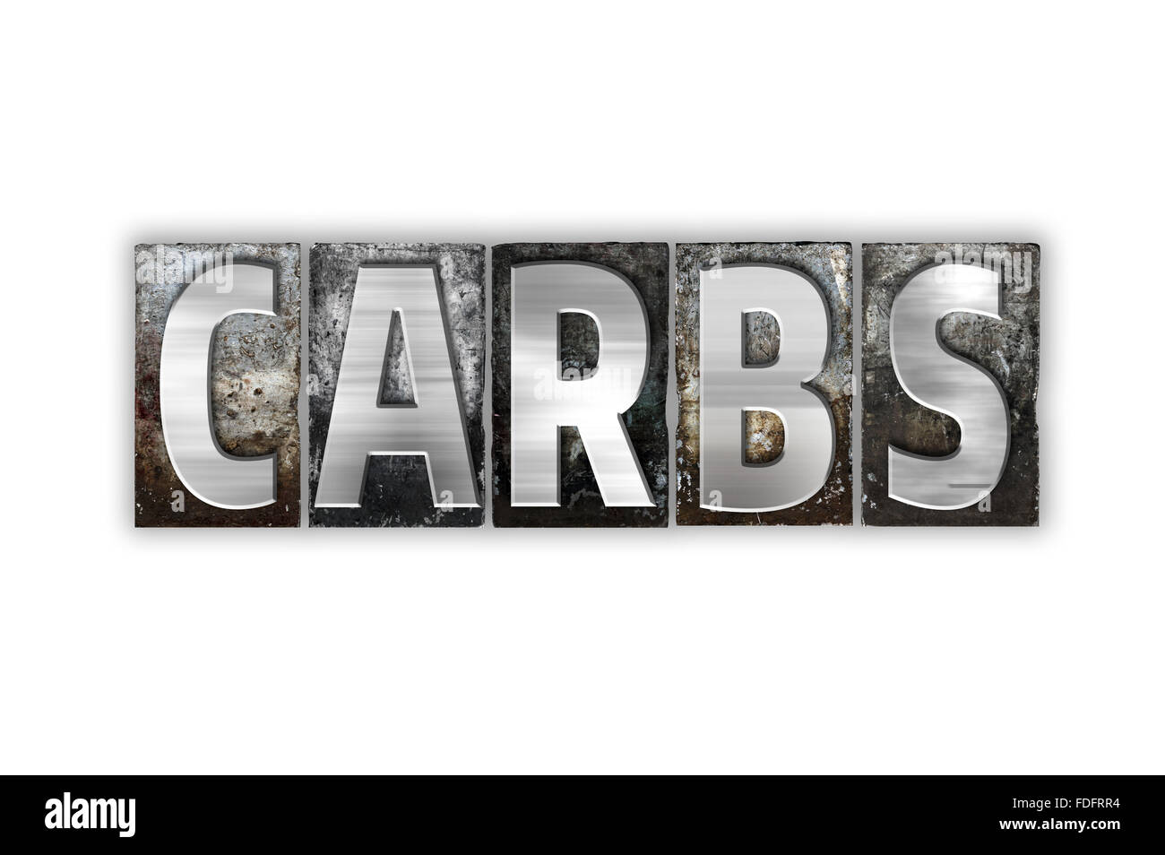 The word "Carbs" written in vintage metal letterpress type isolated on ...