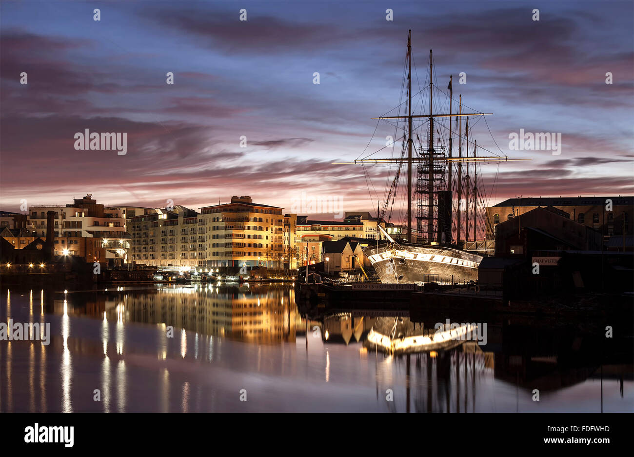 Brunel's SS Great Britain by night showing the Bristol water front ...