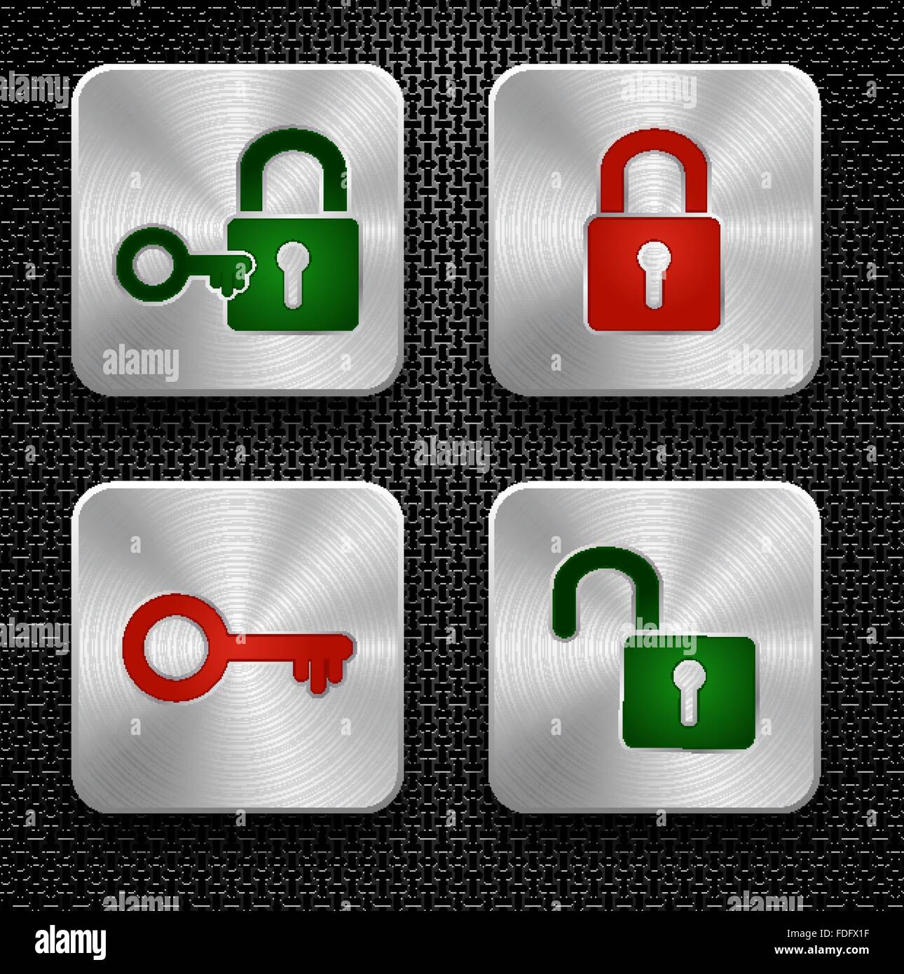 Set of lock and key icons. Steel buttons over metallic textured ...
