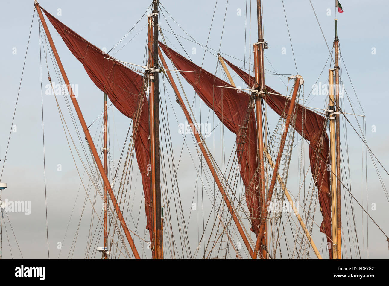 red canvas sails on Thames barges, Maldon Essex Stock Photo - Alamy