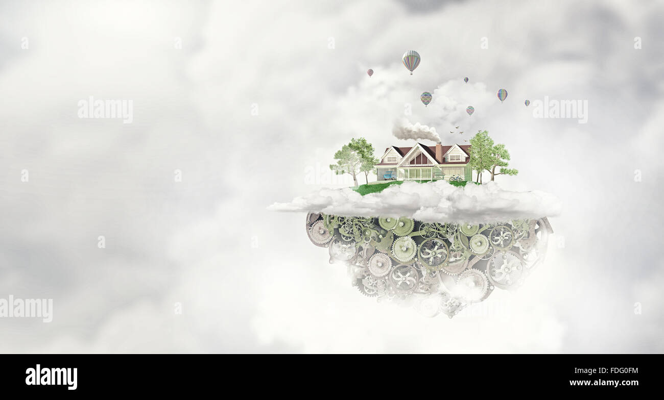 House construction model with cogwheel mechanism on sky background ...