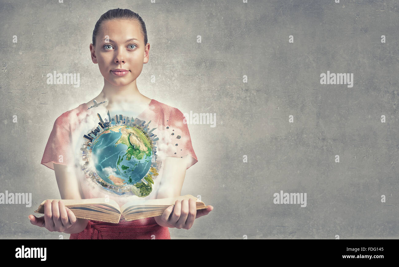 Young woman in red dress with book in hand. Elements of this image are ...