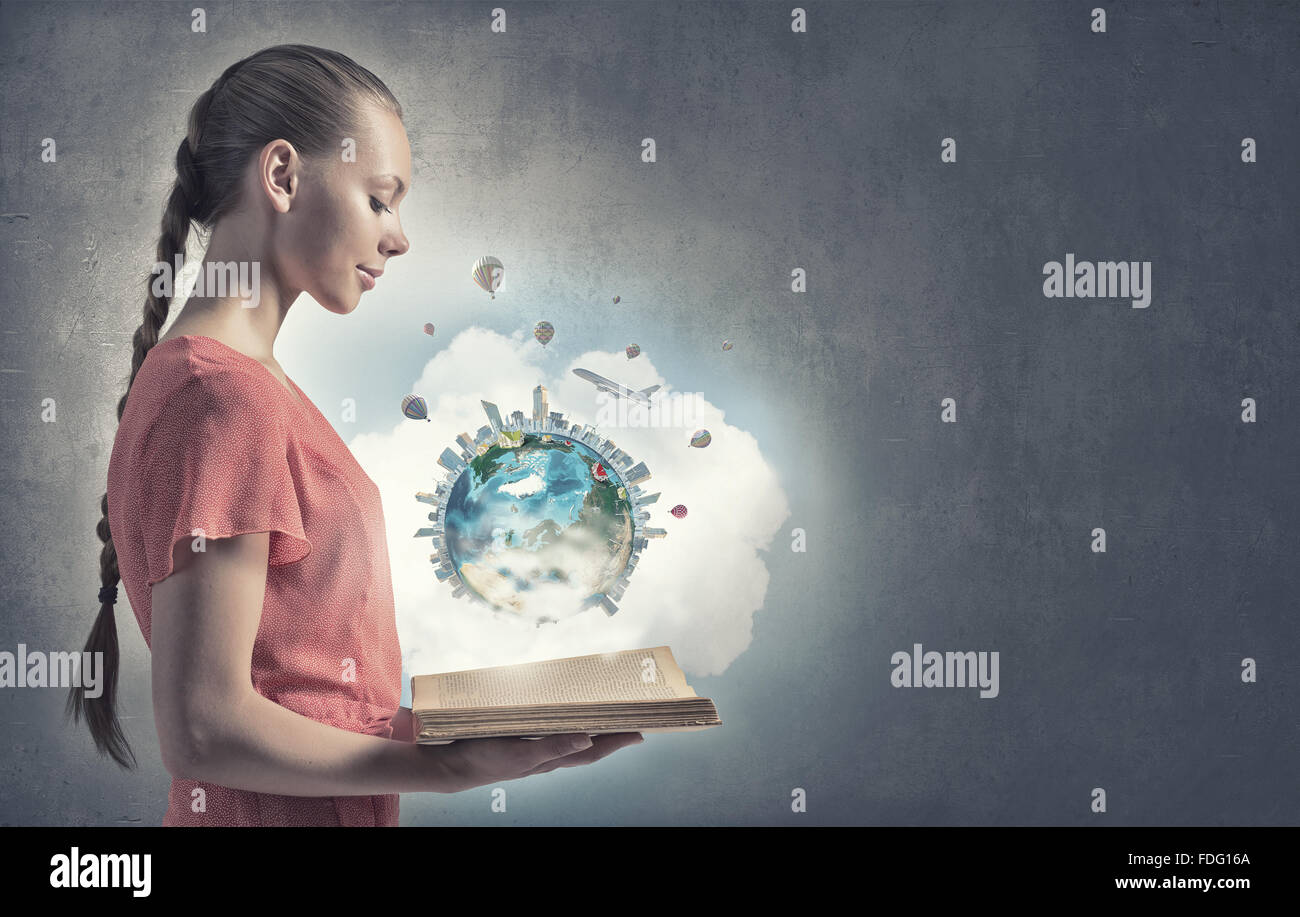 Young woman in red dress with book in hand. Elements of this image are ...