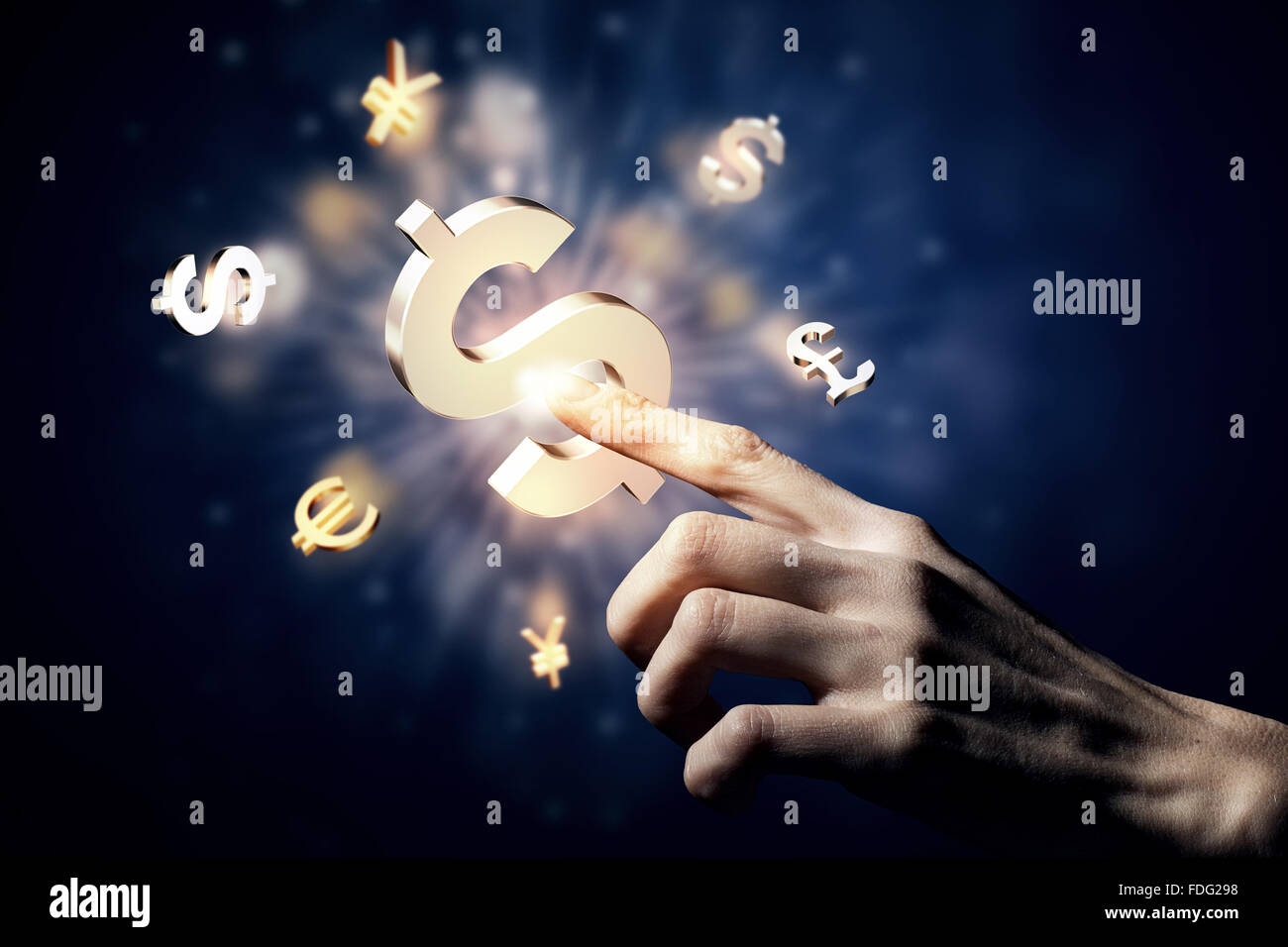 Hand touching money currency symbol with finger Stock Photo - Alamy