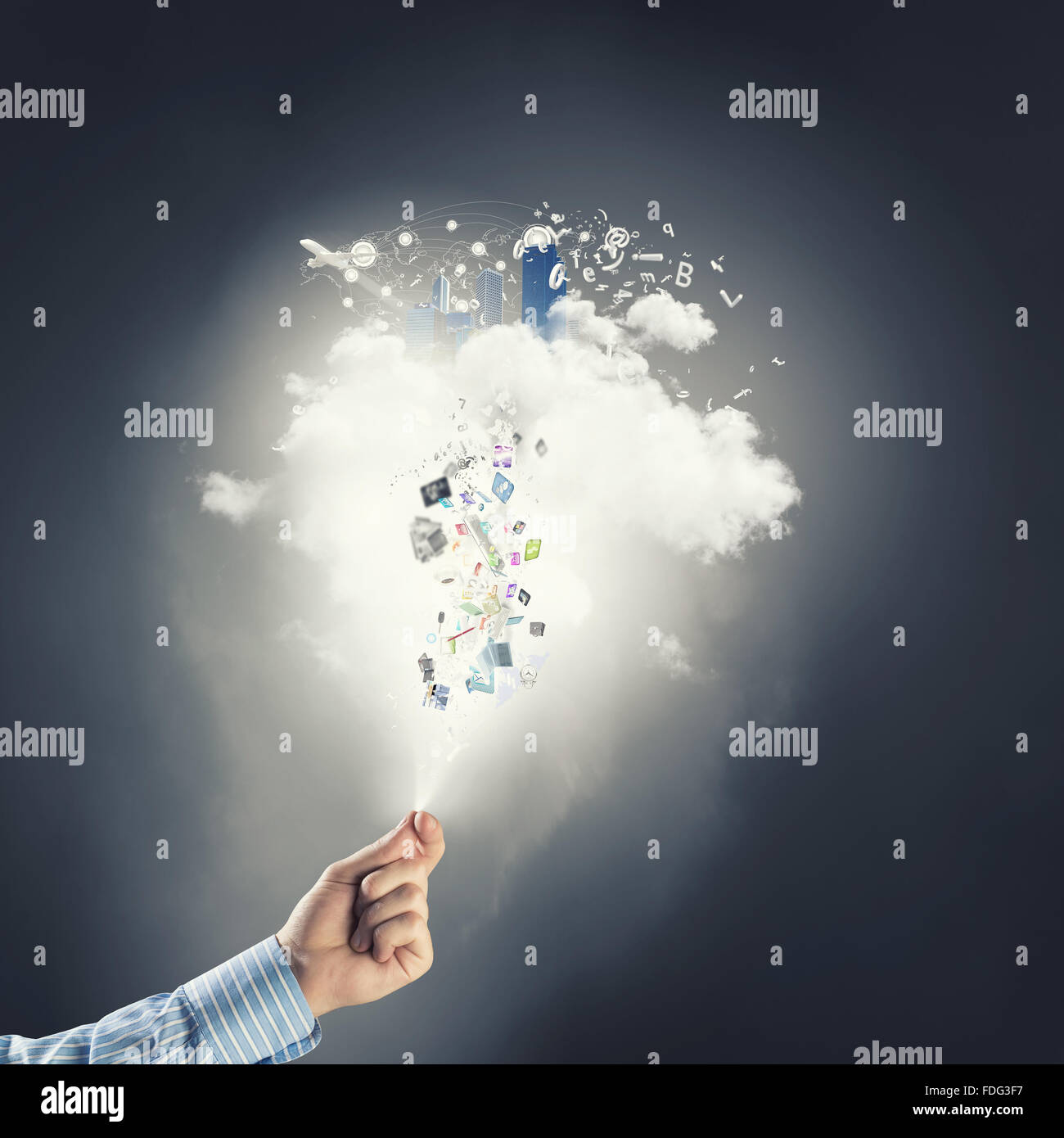 Hand of businessman catching cloud with business icons Stock Photo - Alamy