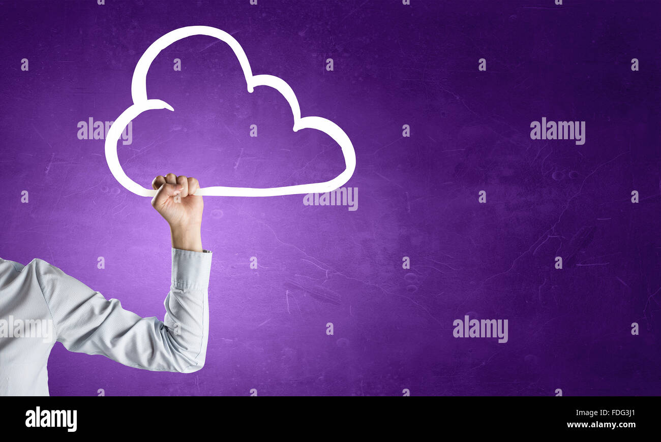 Hand of businessman on color background catching drawn cloud Stock ...