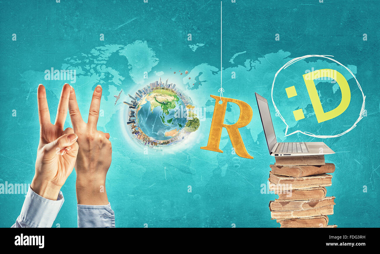 Word world composed with fingers and items. Elements of this image are ...