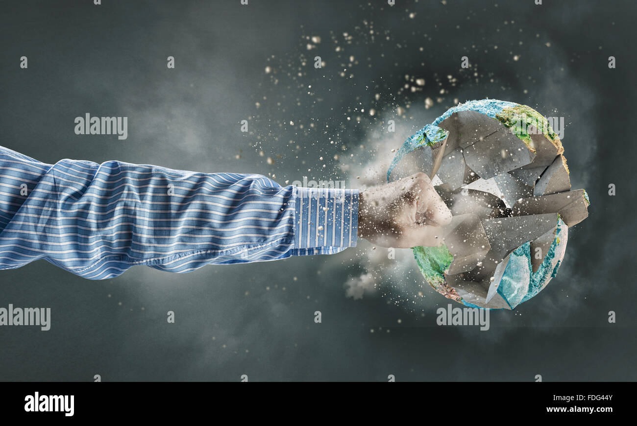 Human hand strikes planet earth. Elements of this image are furnished ...