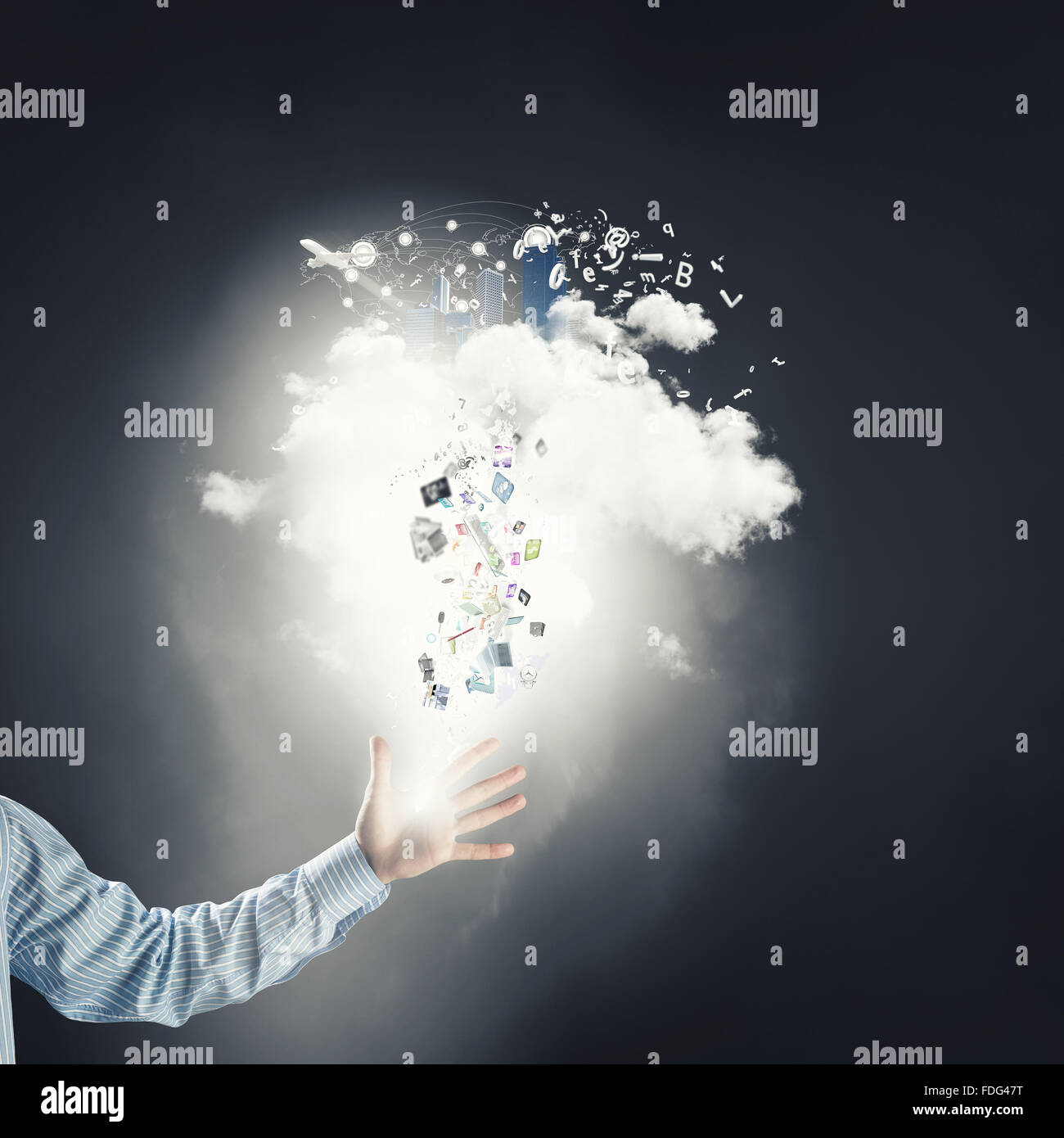 Hand of businessman catching cloud with business icons Stock Photo - Alamy