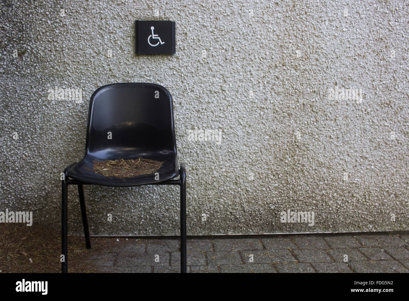 A chair placed by a disabled sign giving people a place to sit Stock ...