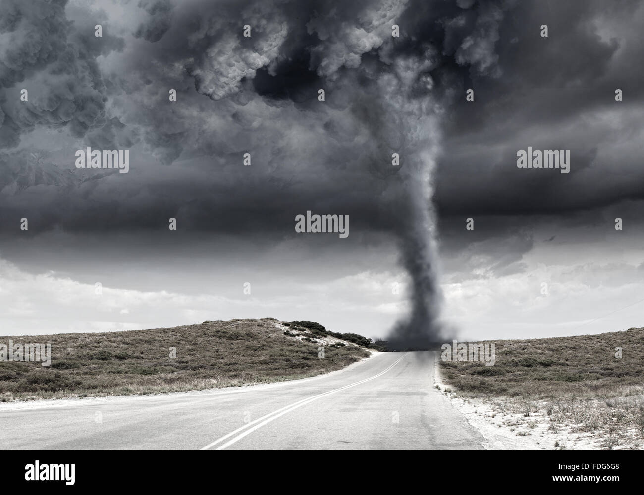Black tornado funnel and lightning on road Stock Photo - Alamy