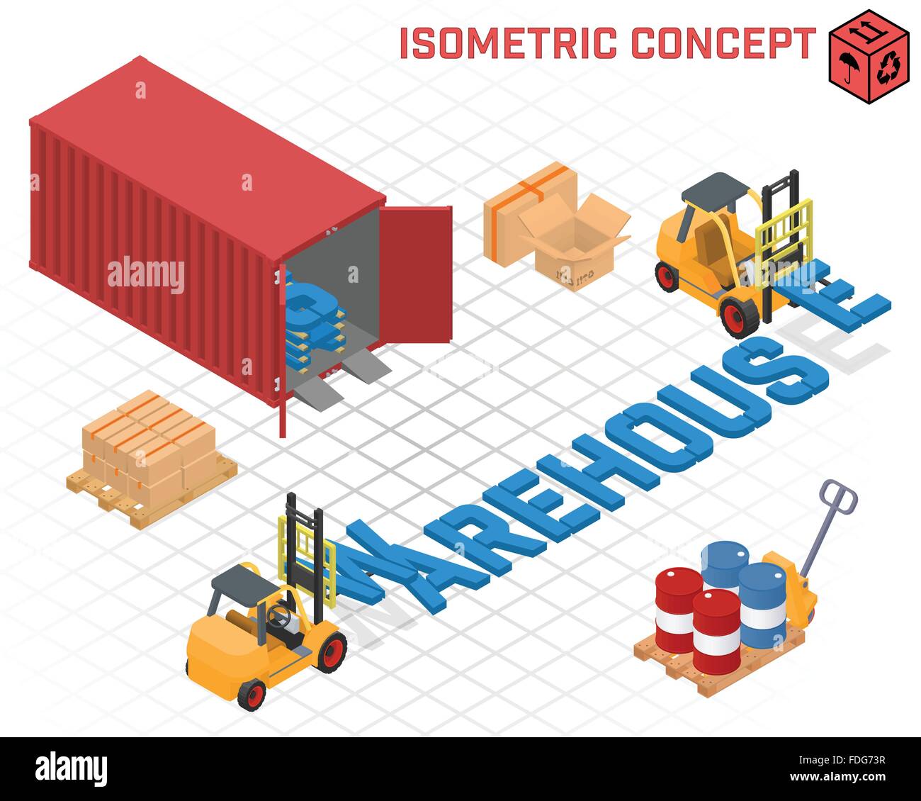 Vector concept - loaders build the word WAREHOUSE. Inside the container ...