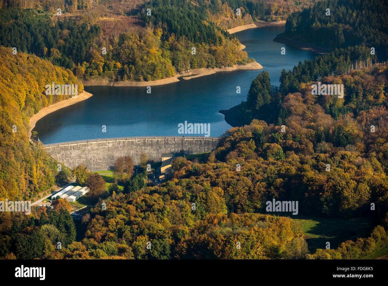 Aerial view, Hasper dam on the city of Hagen, Golden October at the ...