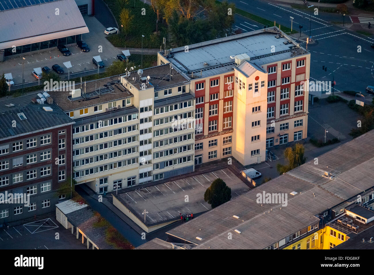 Aerial view, refugee center in the former office building on ...