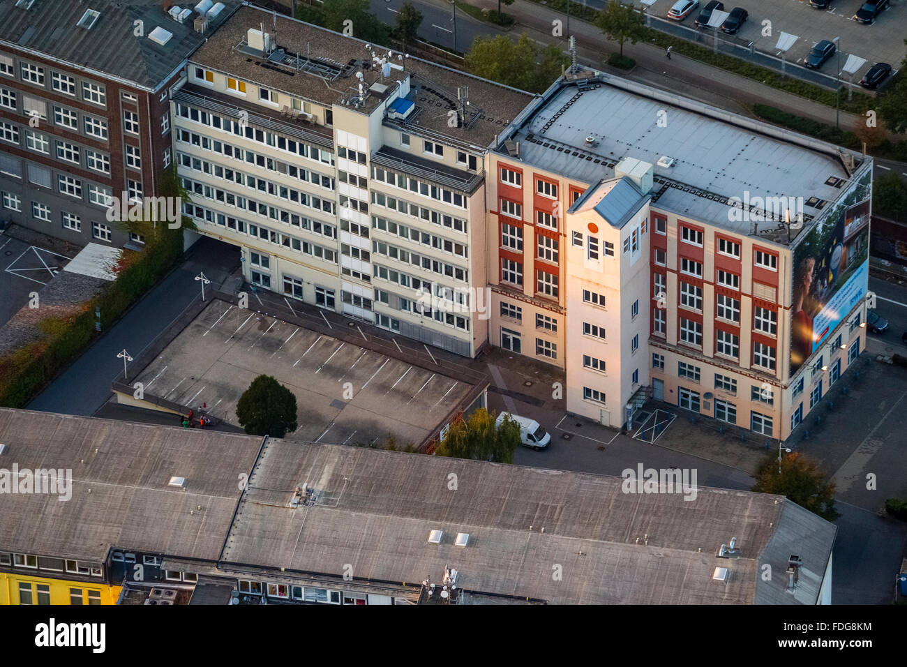Aerial view, refugee center in the former office building on ...