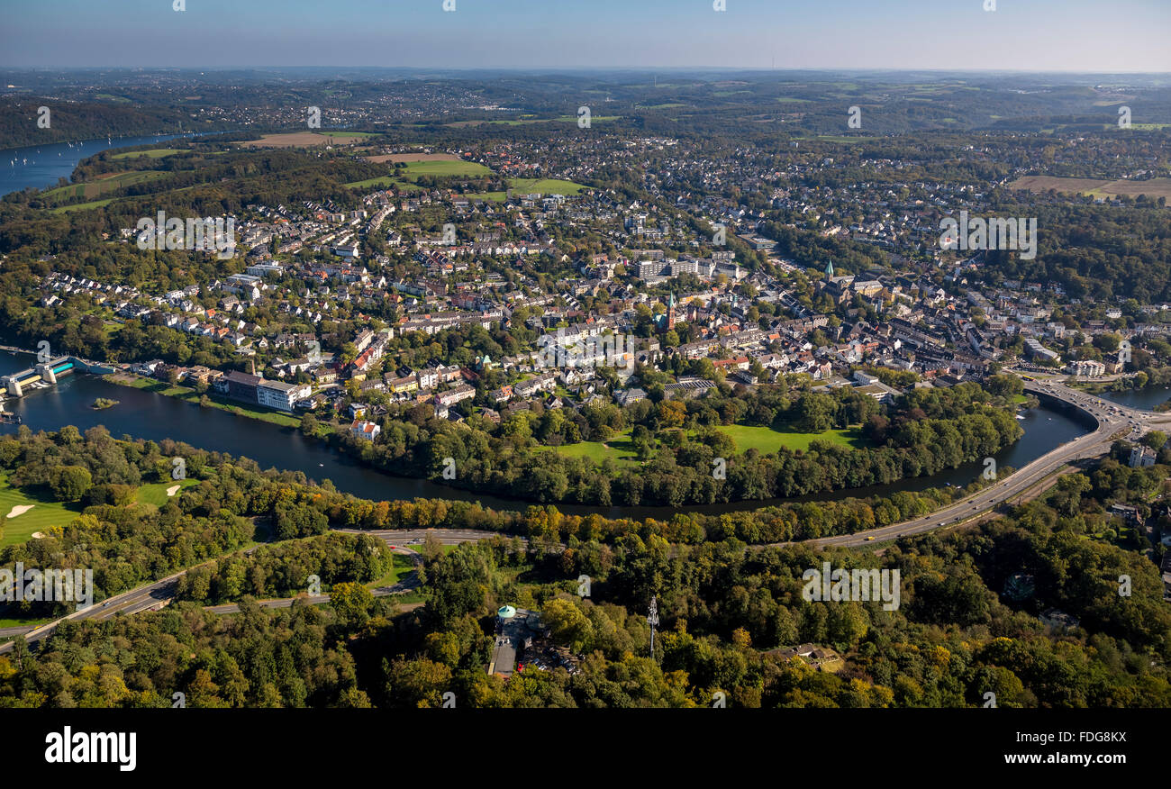 Aerial view, The Ruhr at Essen-Werden, Brehminsel, in early autumn ...
