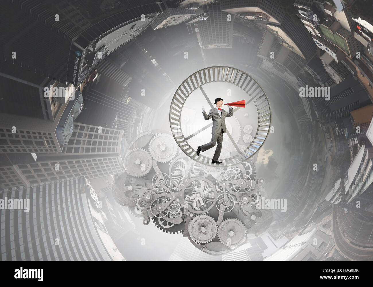 Young businessman running in wheel and screaming emotionally in paper ...