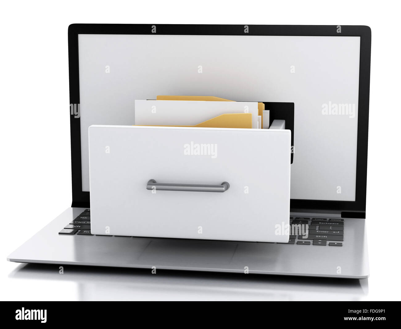 image of 3d renderer illustration. Laptop and files. Data storage ...