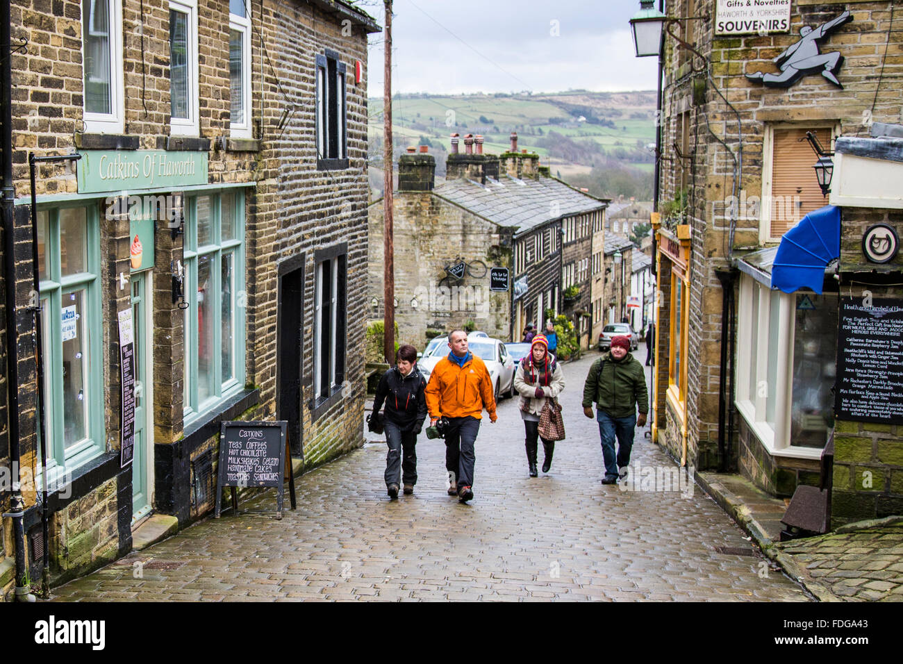The main street in the village of Haworth, West Yorkshire, England, UK ...