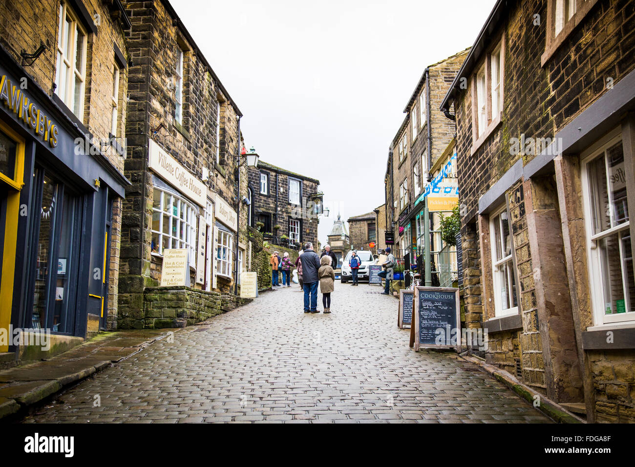 The main street in the village of Haworth, West Yorkshire, England, UK ...