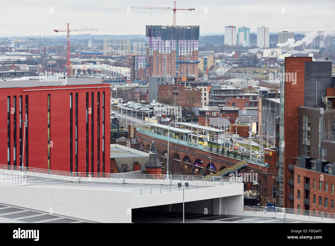 Manchester Deansgate locks rain damp weather tracks high view point ...