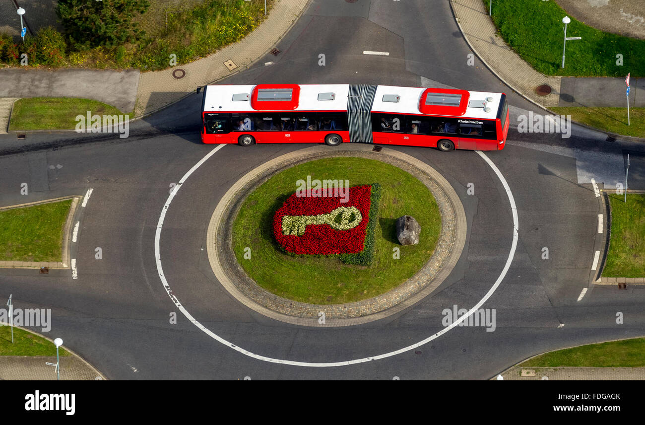 Aerial view, city emblem of the city Velbert, double articulated bus at ...