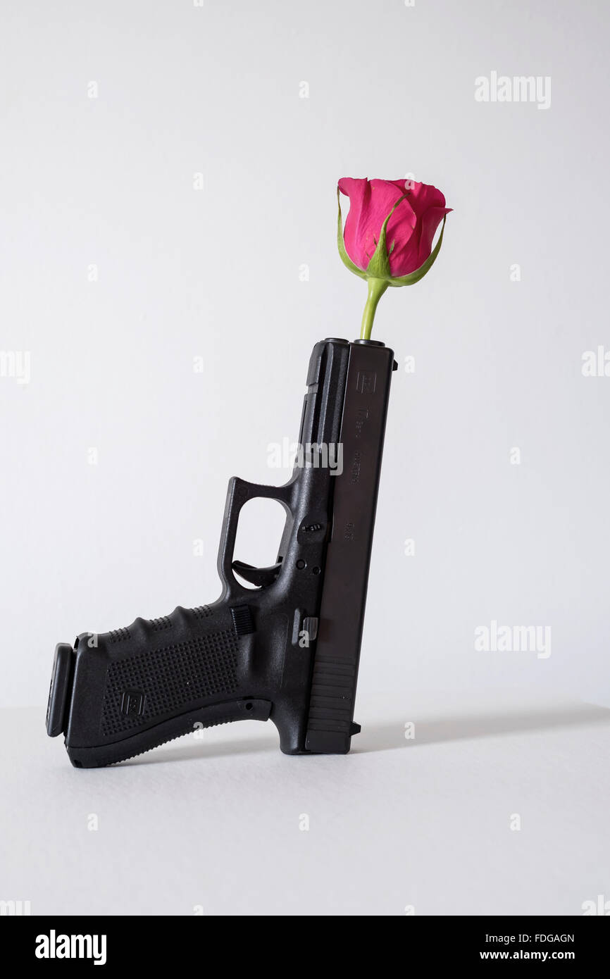 Red rose in the barrel of the gun as a symbol of peace and friendship ...
