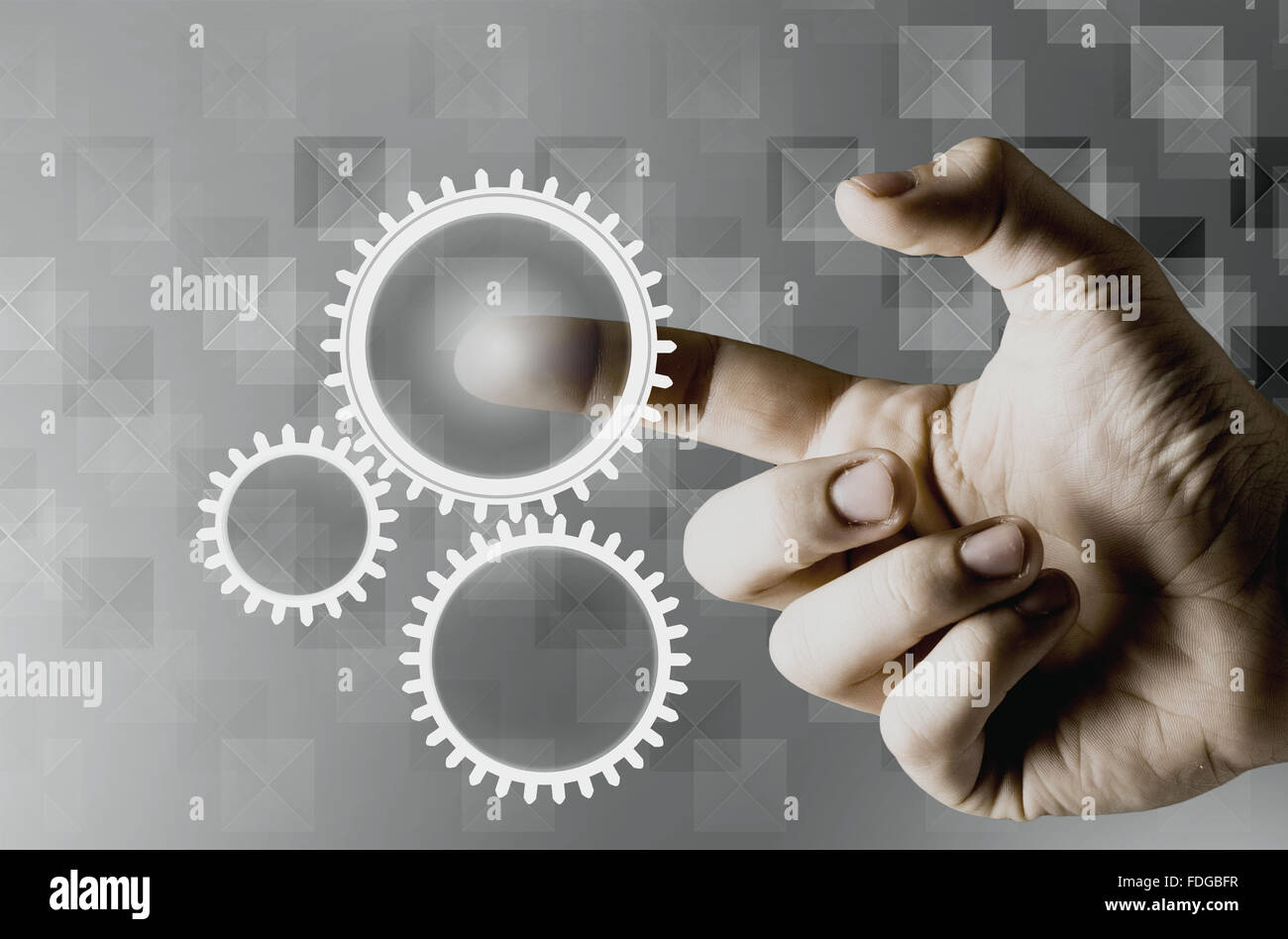 Close up human hand pointing with finger at gears mechanism Stock Photo ...
