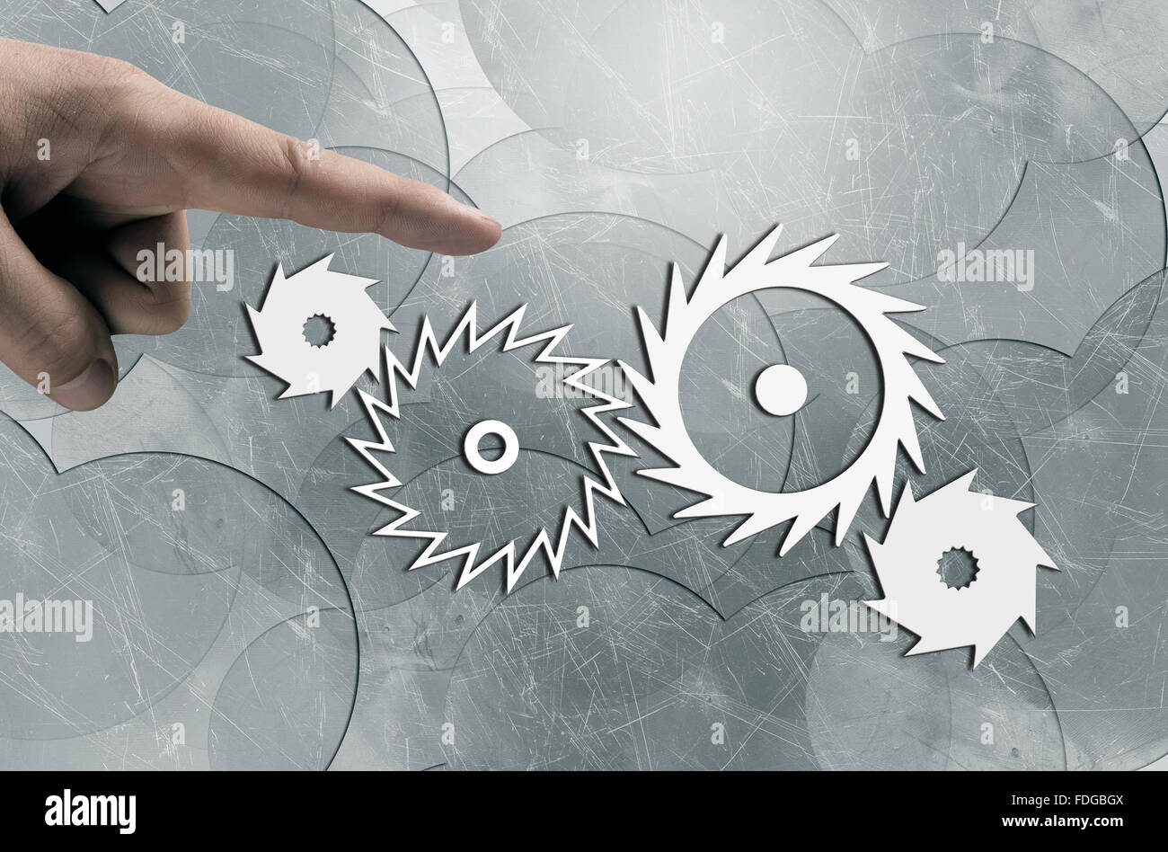 Close up human hand pointing with finger at gears mechanism Stock Photo ...