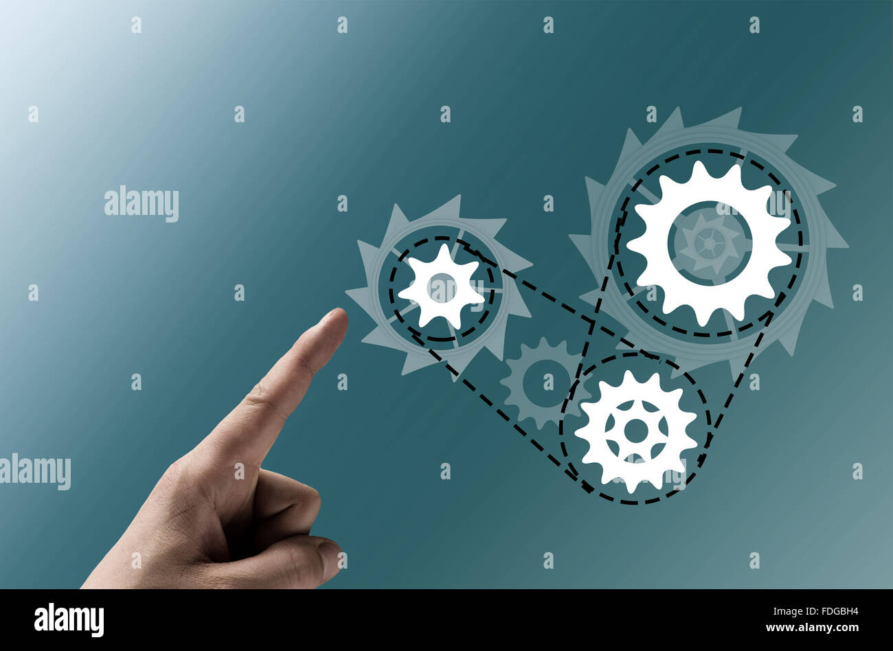 Close up human hand pointing with finger at gears mechanism Stock Photo ...