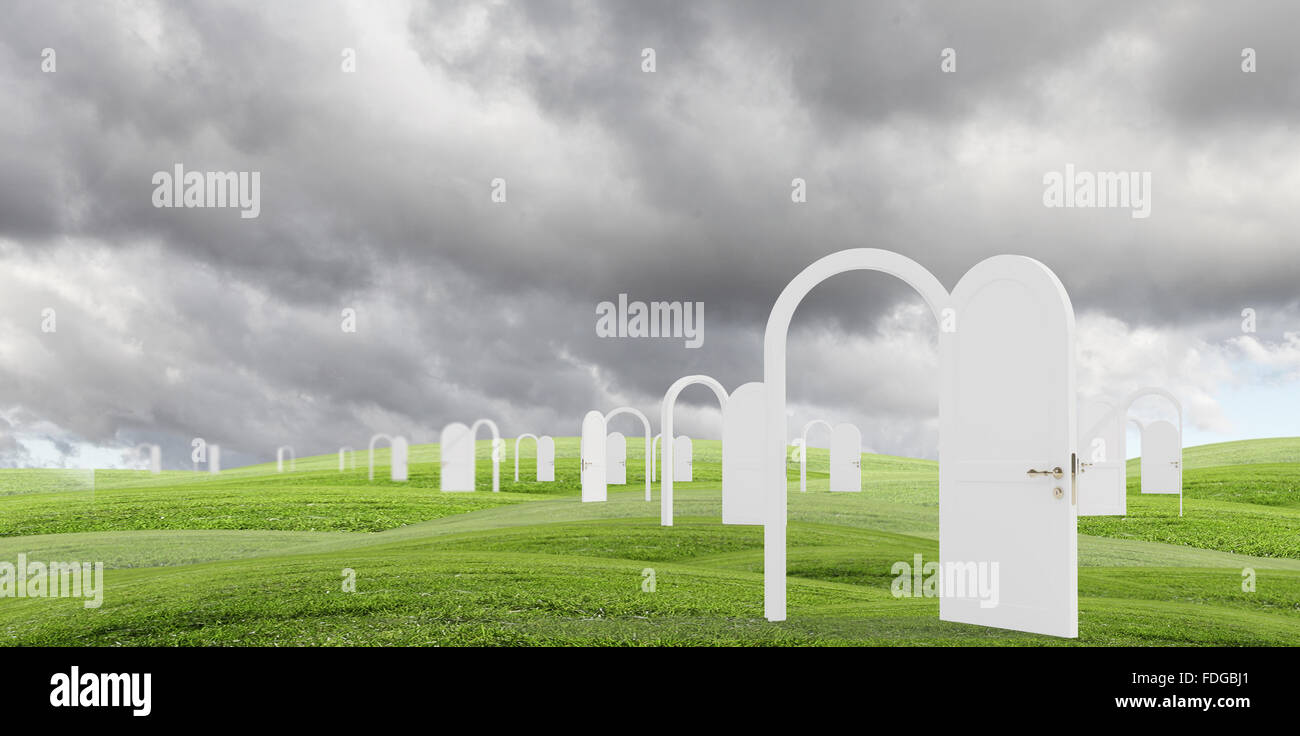 Conceptual image with opened doors as new way entrance to new world ...