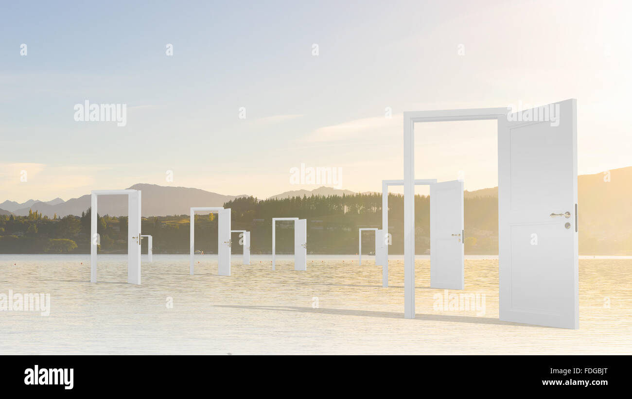 Conceptual image with opened doors as new way entrance to new world ...