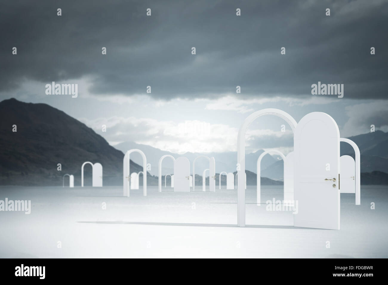 Conceptual image with opened doors as new way entrance to new world ...