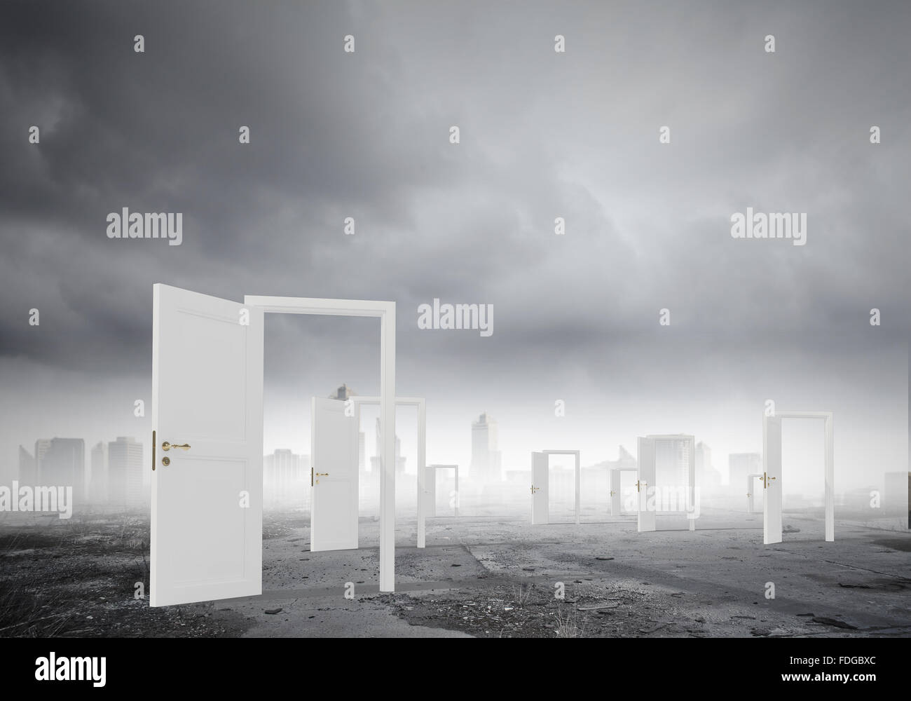 Conceptual image with opened doors as new way entrance to new world ...