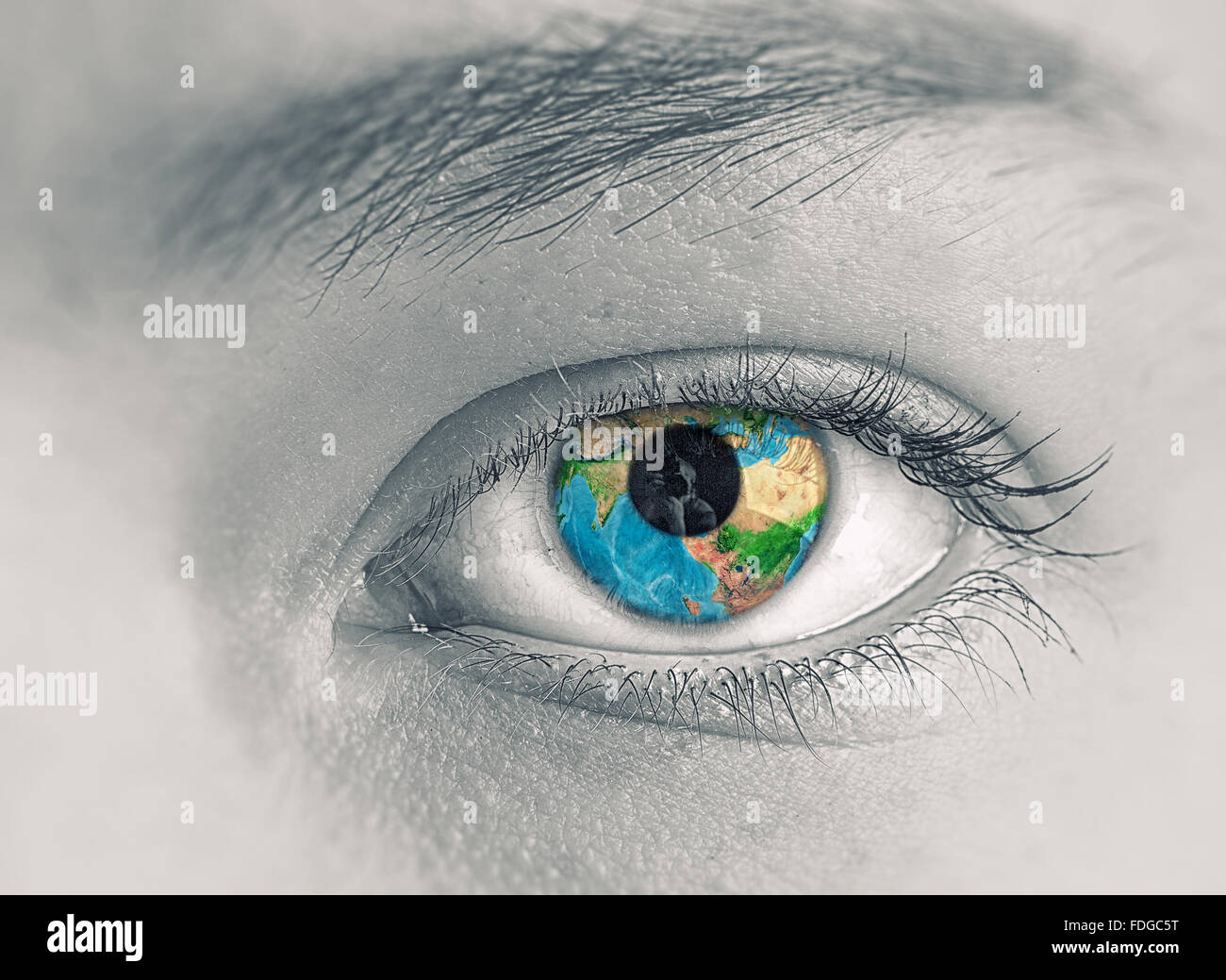 Close up of female eye with Earth planet. Elements of this image are ...