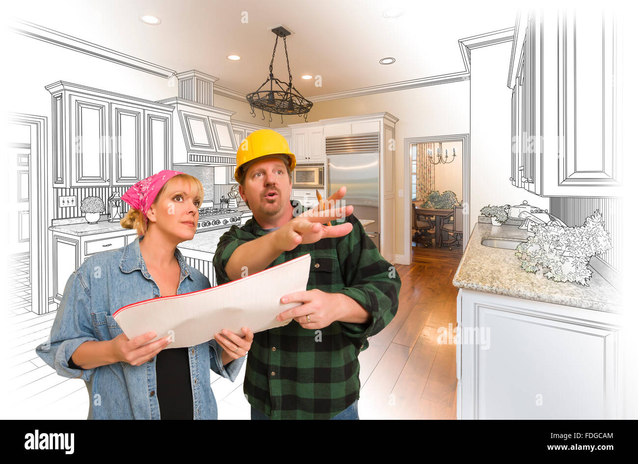 Contractor Talking with Customer Over Custom Kitchen Drawing and Photo ...