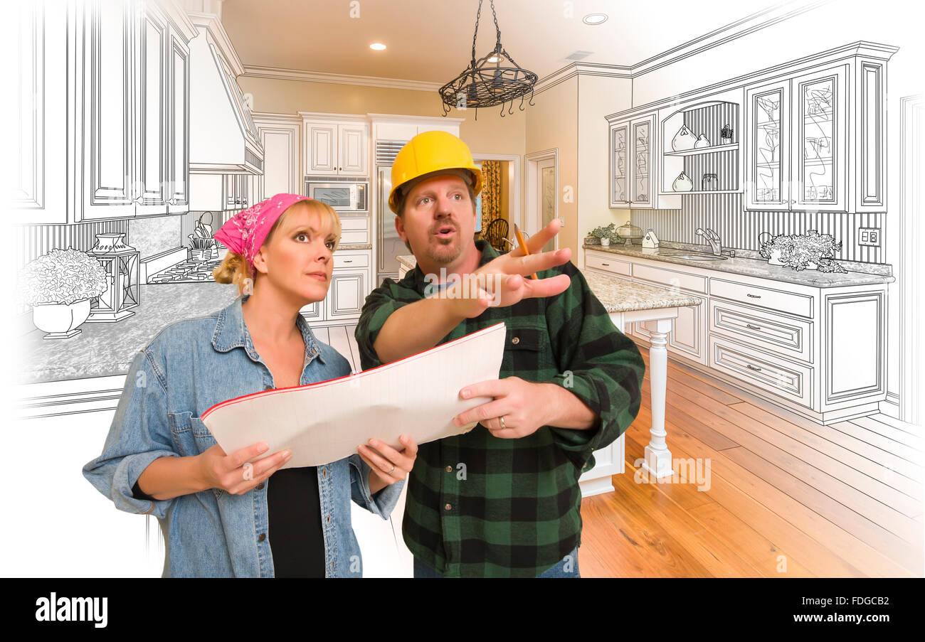 Contractor Talking with Customer Over Custom Kitchen Drawing and Photo ...