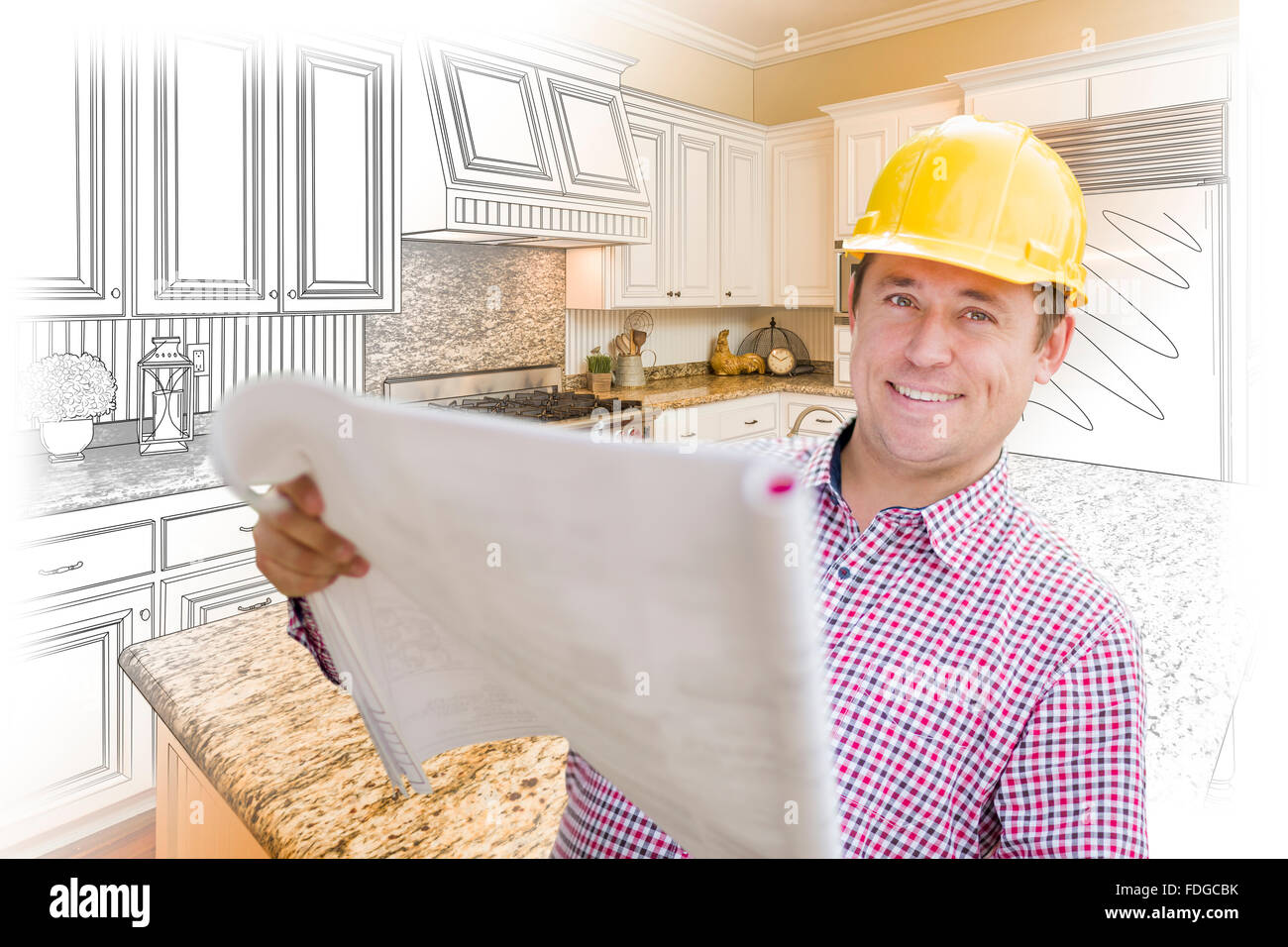 Smiling Contractor Holding Blueprints Over Custom Kitchen Drawing and ...