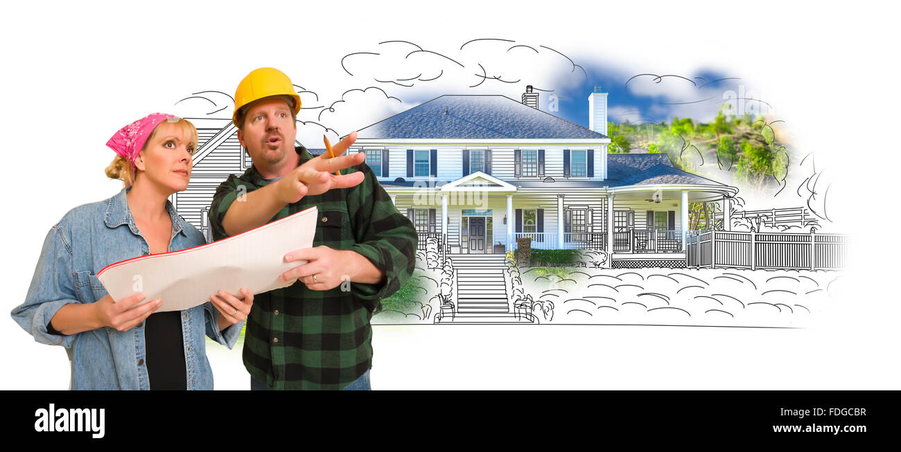 Contractor Talking with Customer Over Custom Home Drawing and Photo ...